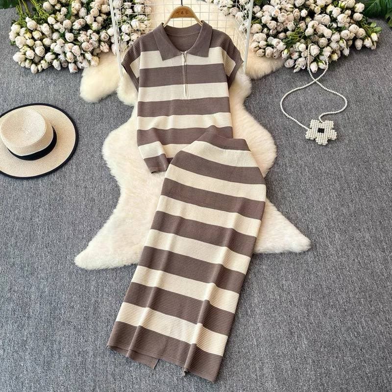 Chic Cocoa Striped Knit Co-Ord Set for Women – Casual outfit